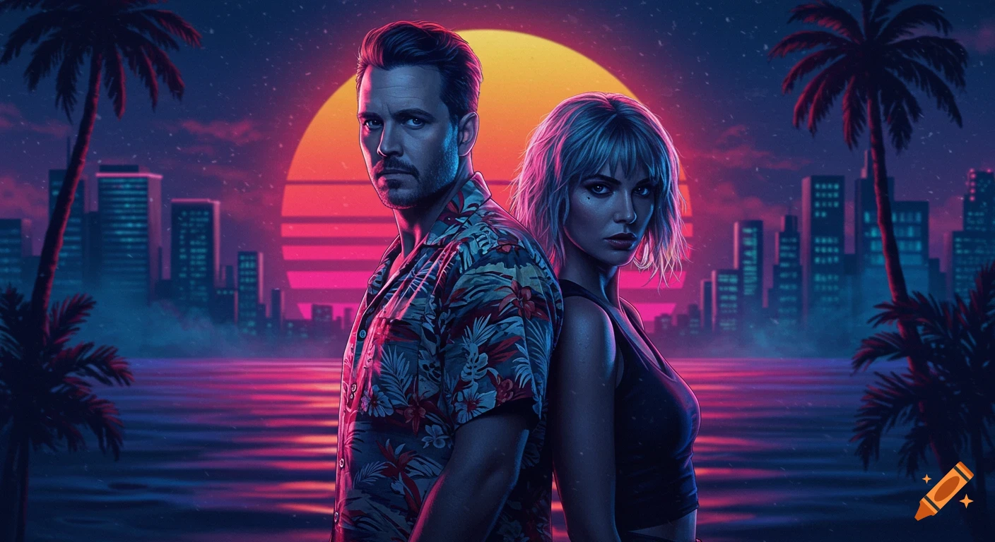 Cinematic neon cityscape with man and woman in 80s style on Craiyon