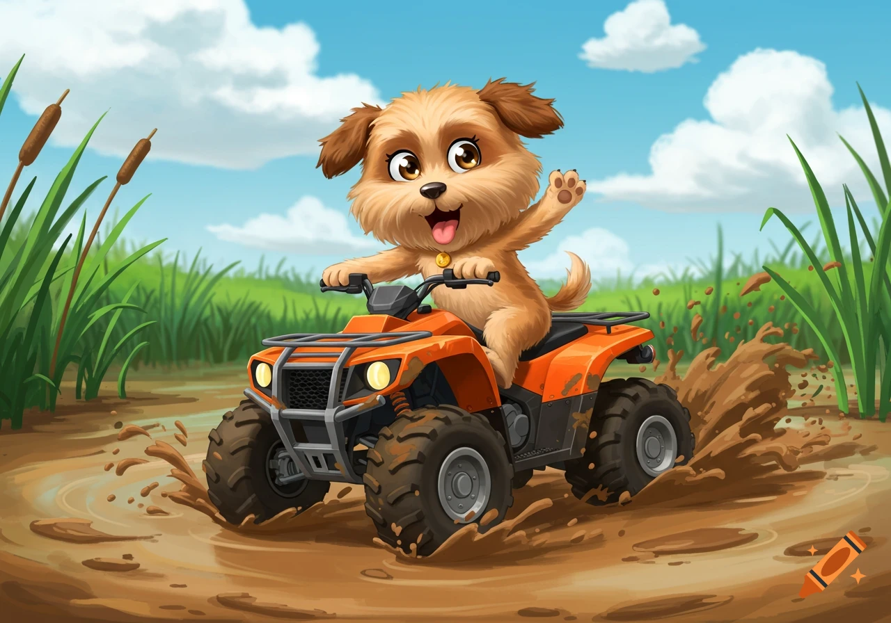 A happy cartoon dog rides an orange ATV through a muddy puddle ...