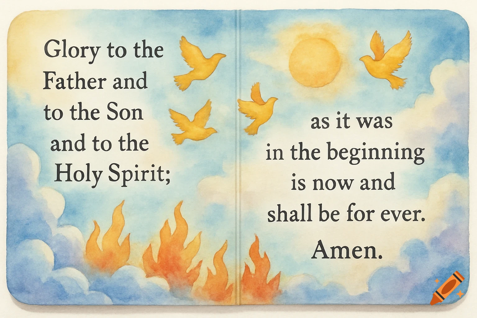 A watercolor illustration of a two-page book spread with religious text ...