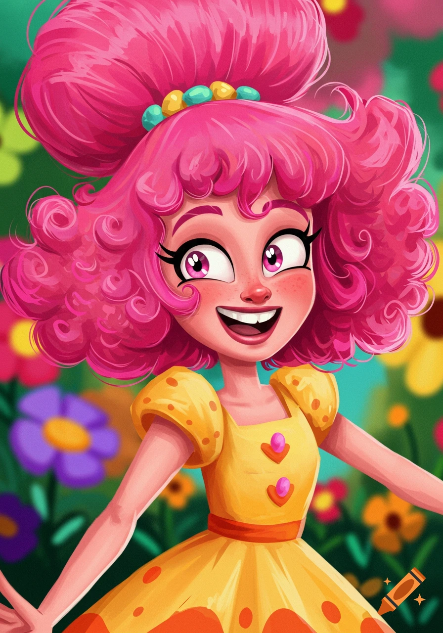 A pink cartoon character with freckles runs happily in a colorful ...