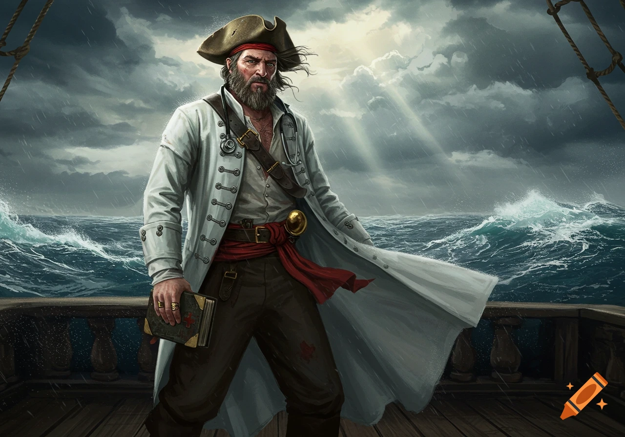 Bearded pirate doctor in white coat stands on a ship during a storm on ...