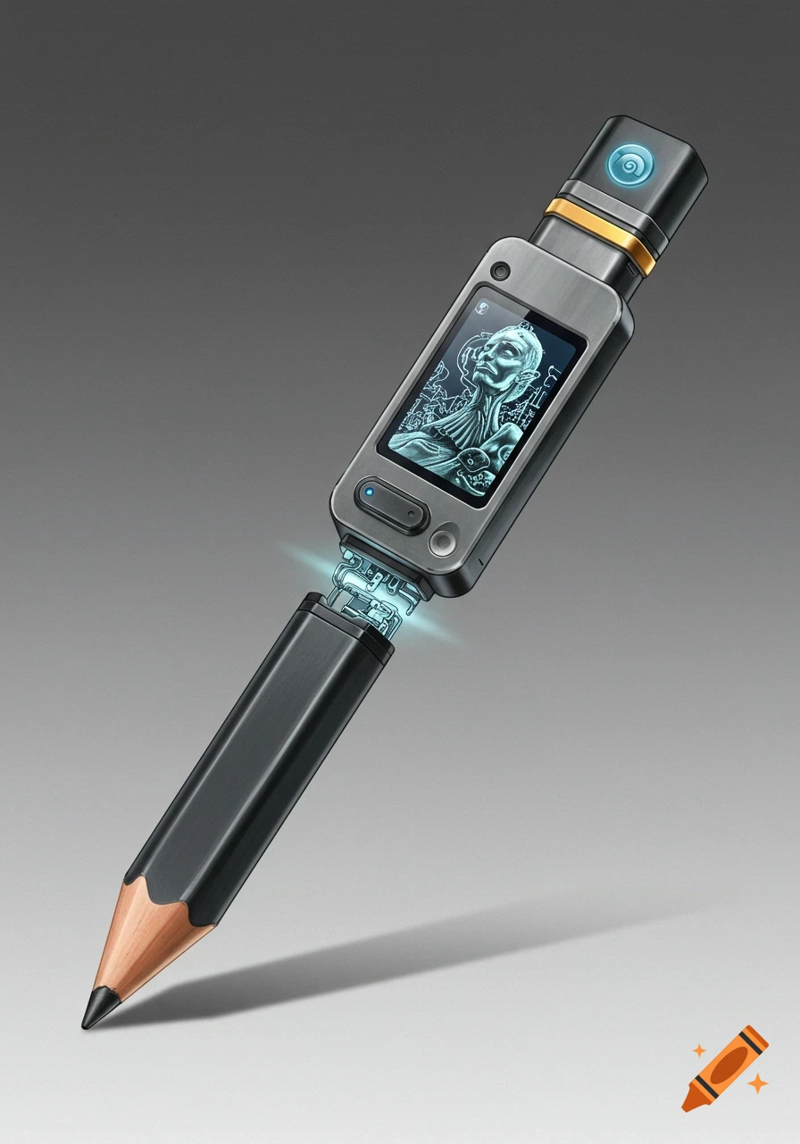 Futuristic black pencil with screen displaying a stylized anatomical ...