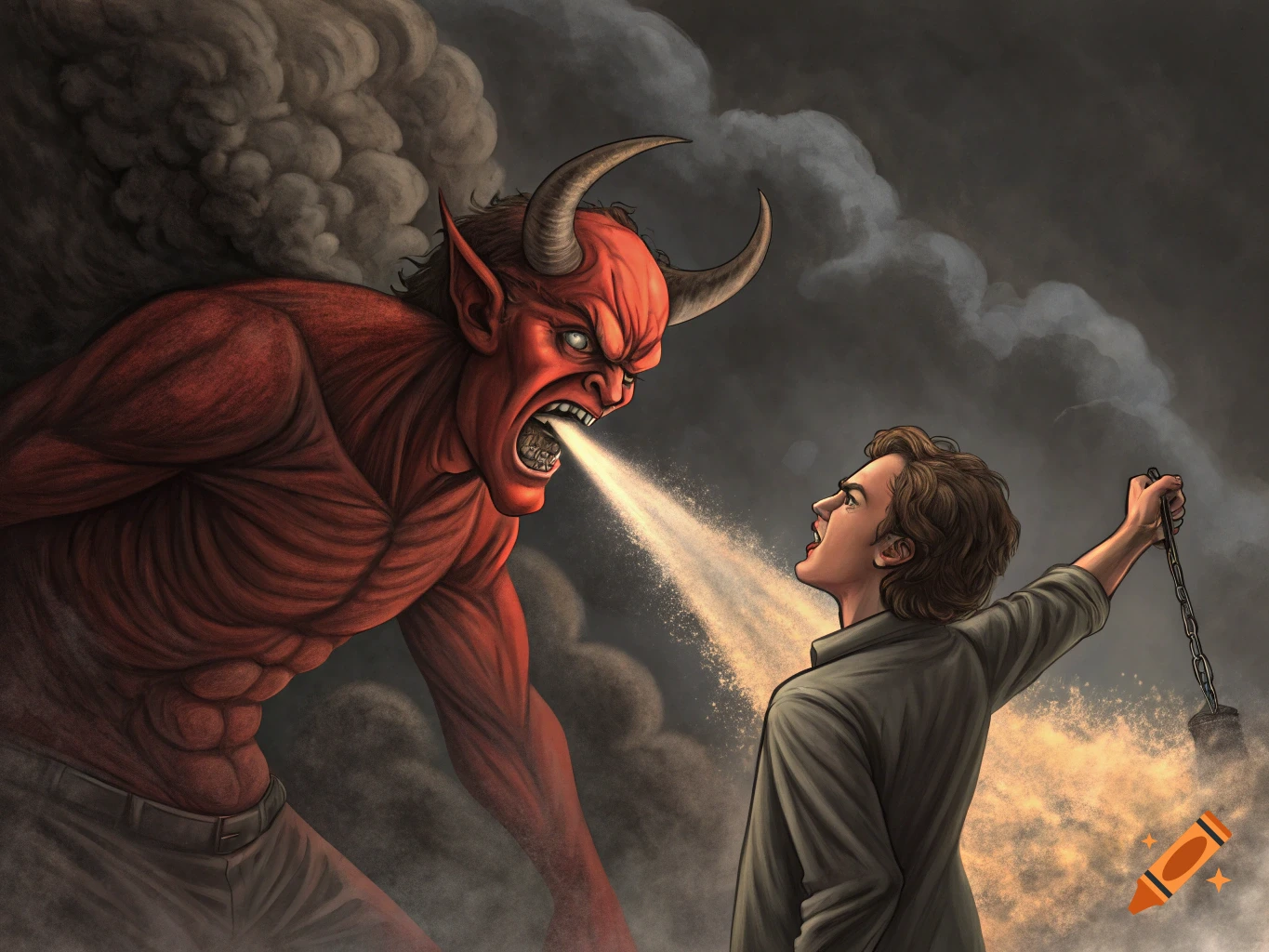 An illustration of a red devil spitting light at a human holding a ...