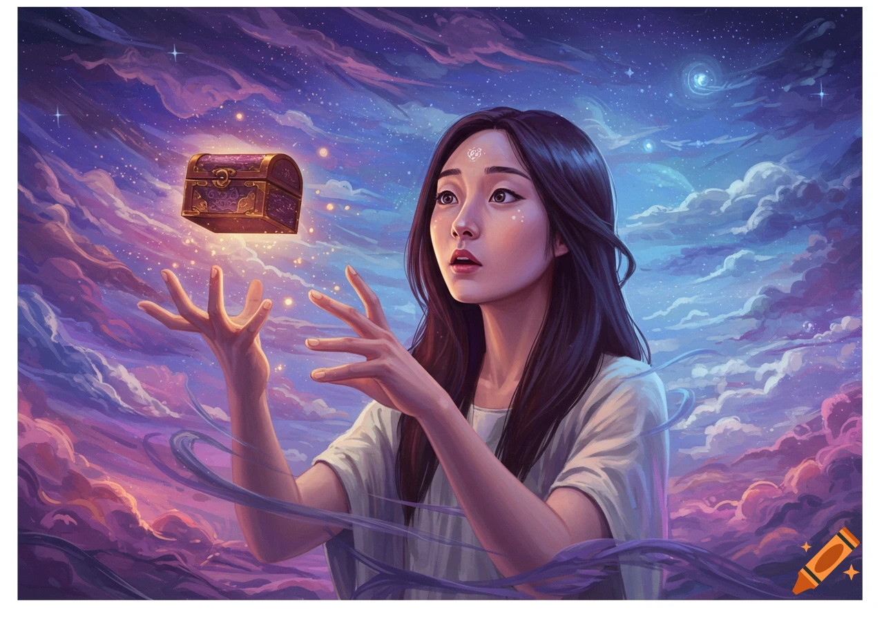 A woman is using telekinesis on a floating treasure chest in a starry ...