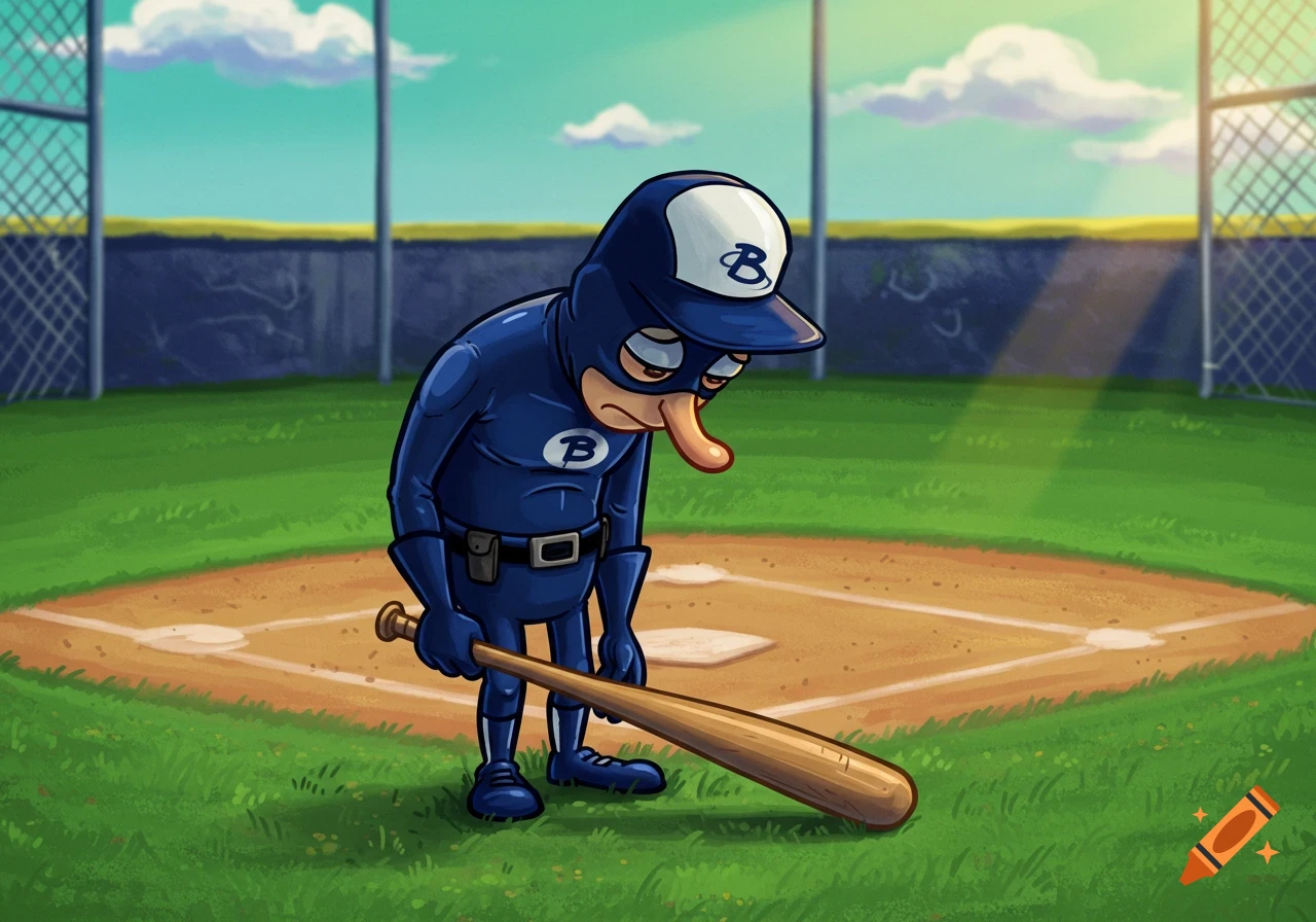 Cartoon hawk in a baseball cap and mitt stands on a field with a bat ...