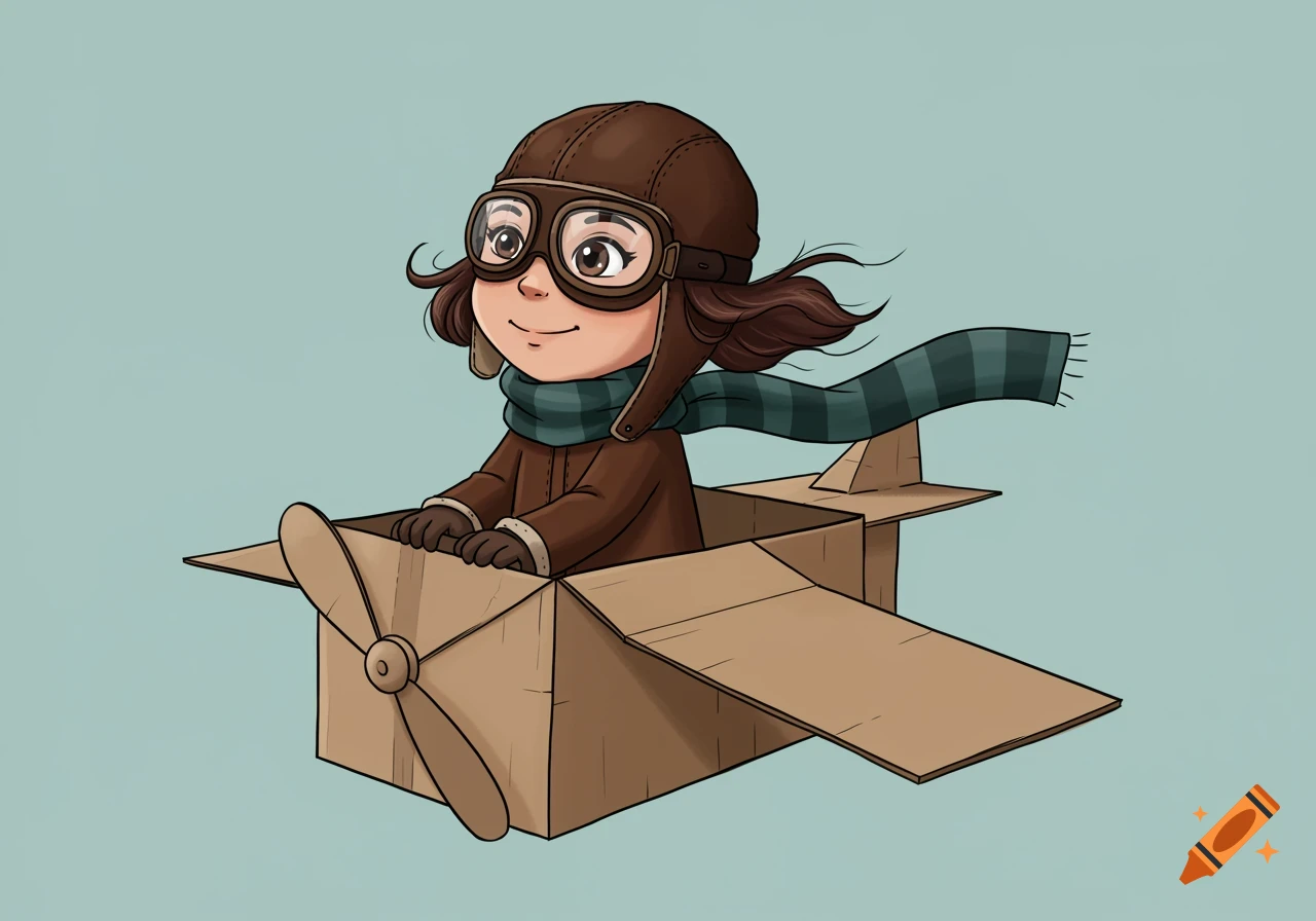 Cartoon of a girl with flying cap and goggles in cardboard box airplane ...