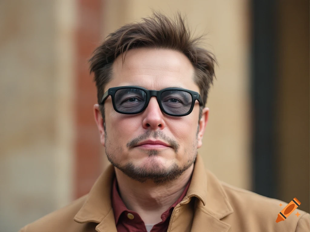 A close-up photorealistic portrait of Elon Musk wearing dark glasses ...