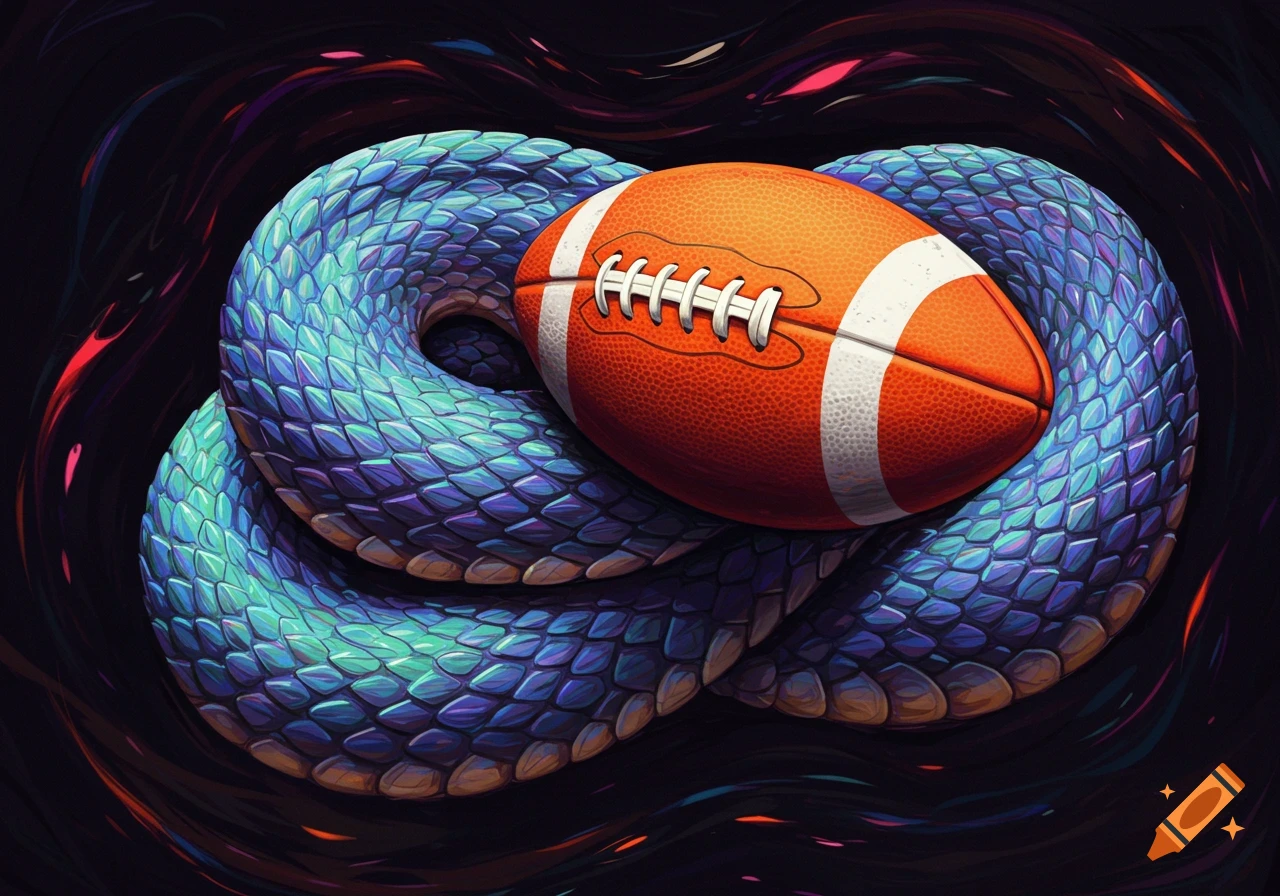 Blue and purple scale snake wrapped around an American football in a ...