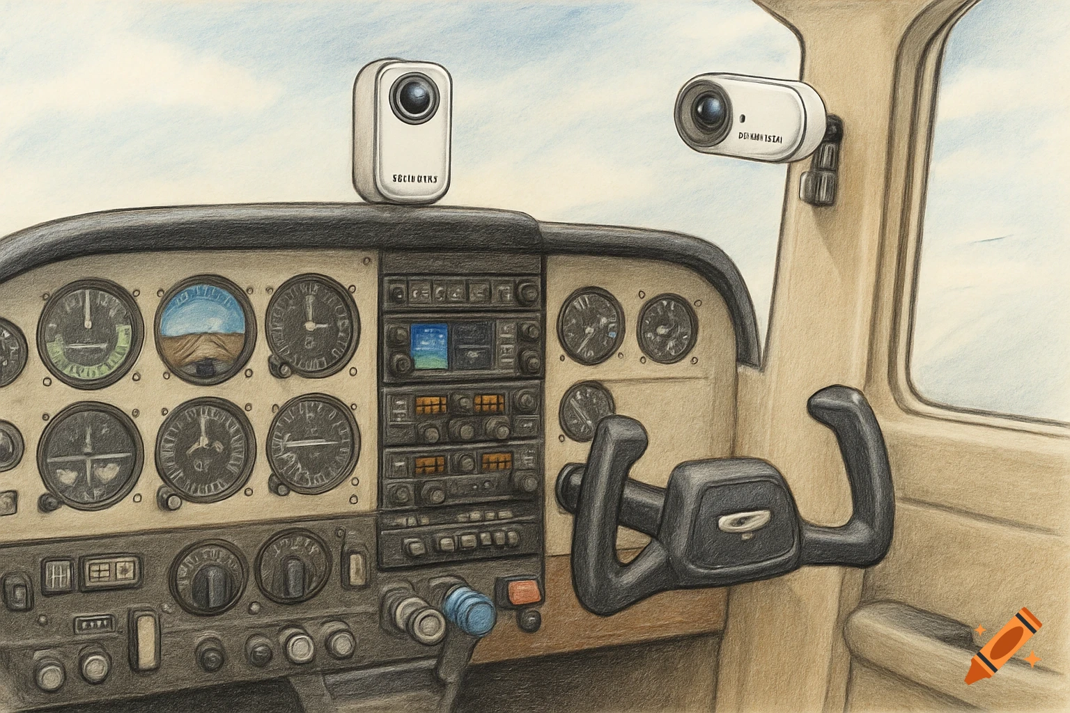 Colored pencil drawing of a small airplane cockpit with two cameras ...