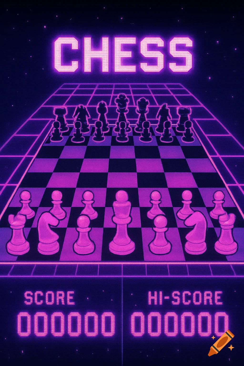 A retro 80s video game screen showing a chessboard and neon text 'CHESS ...