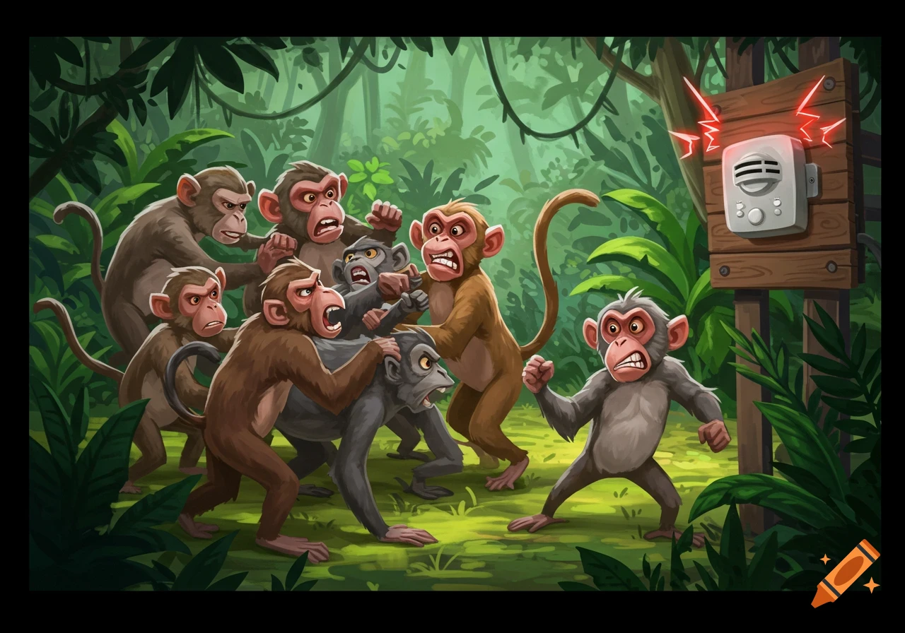 Cartoon digital painting of angry monkeys fighting in a jungle near a ...