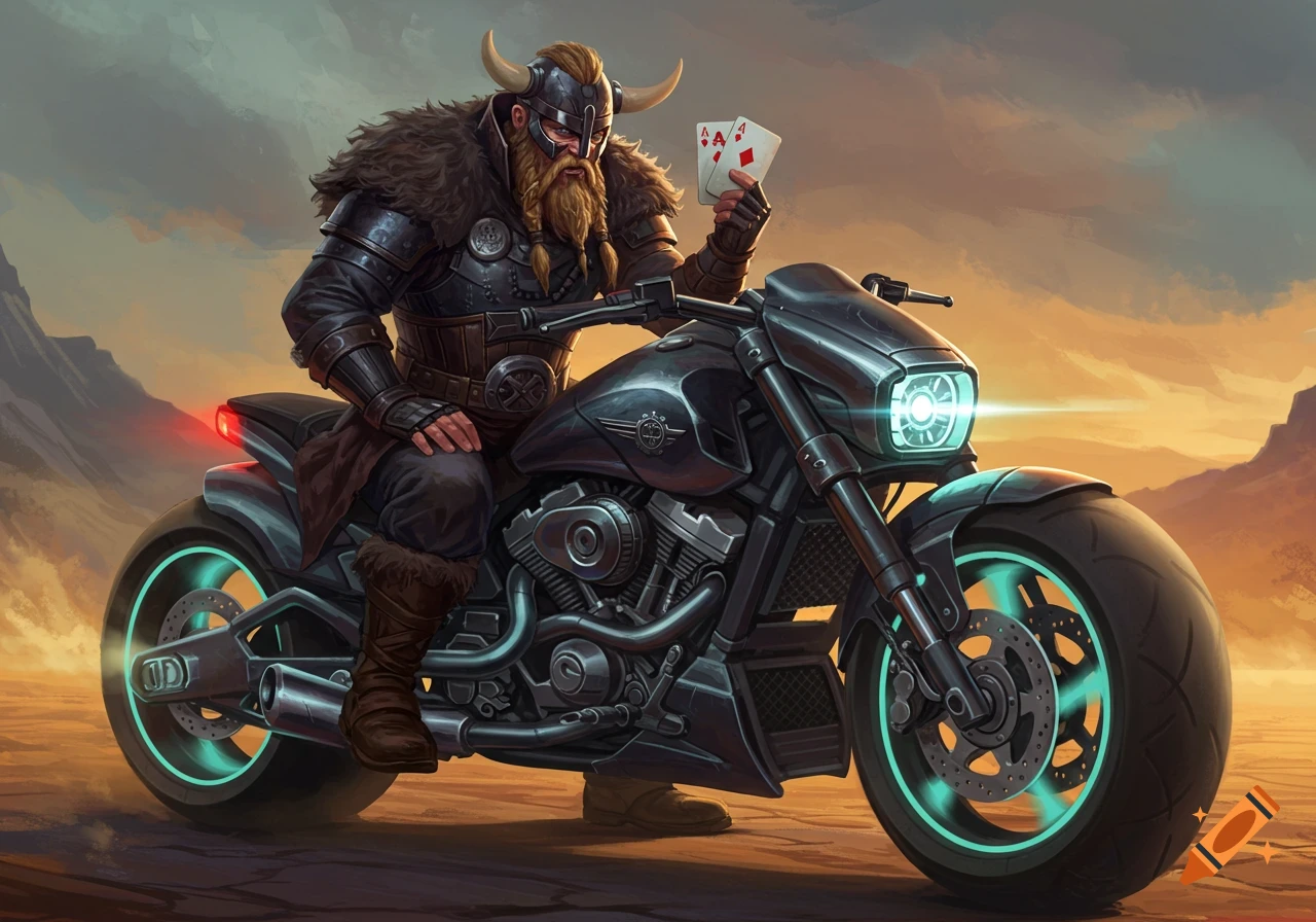 Viking on motorbike with poker hand on helmet on Craiyon