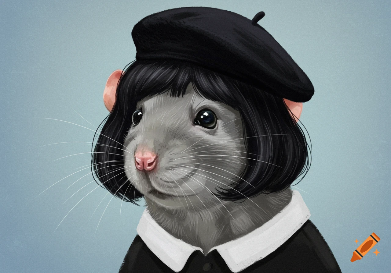 A grey rat wearing a black wig, black beret, and white collar. on Craiyon