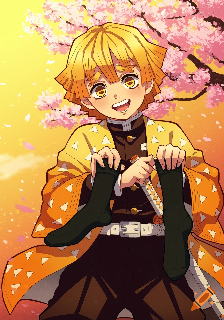 Zenitsu from Demon Slayer holds up black socks under a cherry blossom tree. on Craiyon