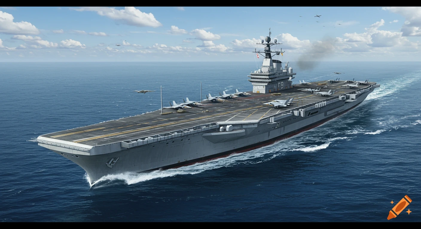 Illustration of a jet flying over an aircraft carrier with other ...