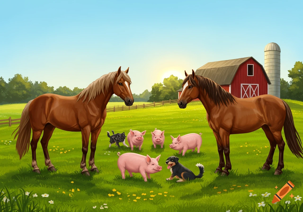 Two cartoon pigs talk to a wolf in a storybook countryside scene with ...