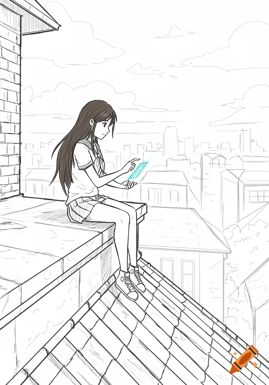 Line drawing of an anime girl sitting on a rooftop looking at a glowing ...