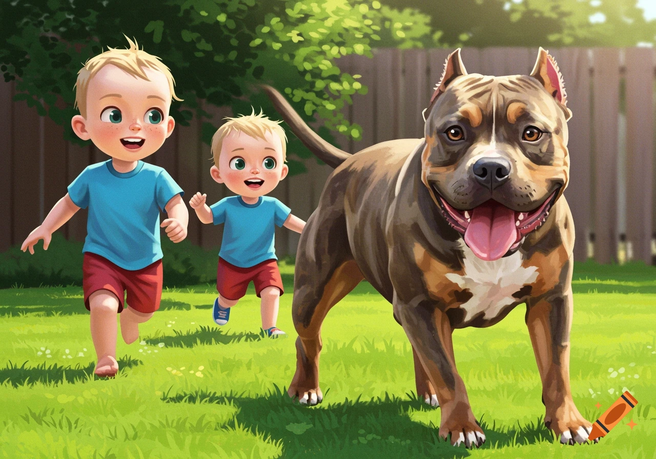 Cartoon toddlers run from a friendly pit bull in a sunny backyard. on ...