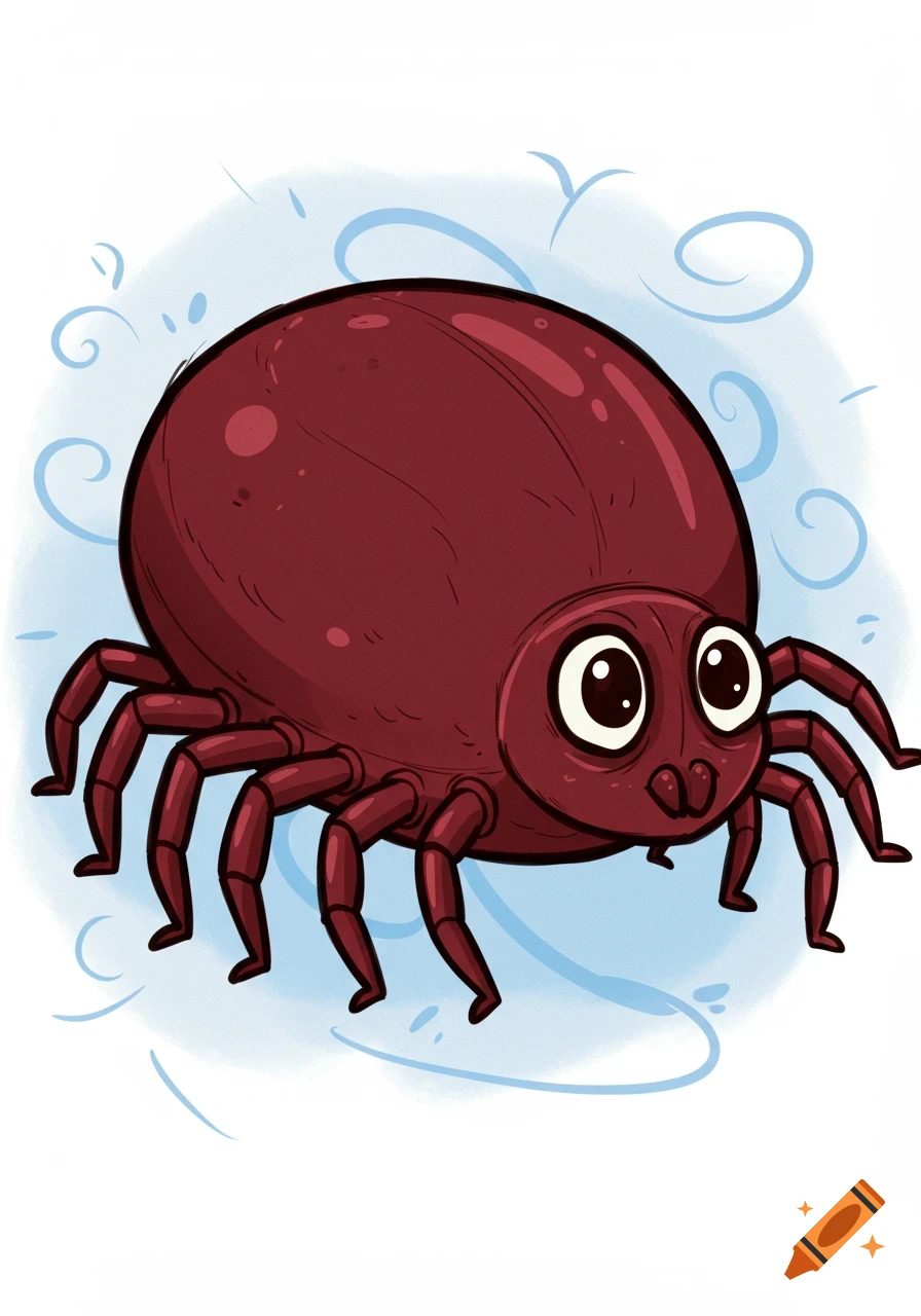 A cartoon drawing of a red tick-like creature with big eyes. on Craiyon