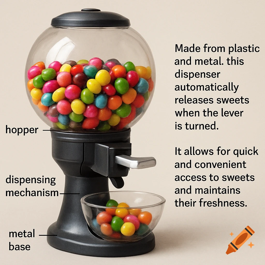 Automatic sweet dispenser with annotation and description on Craiyon