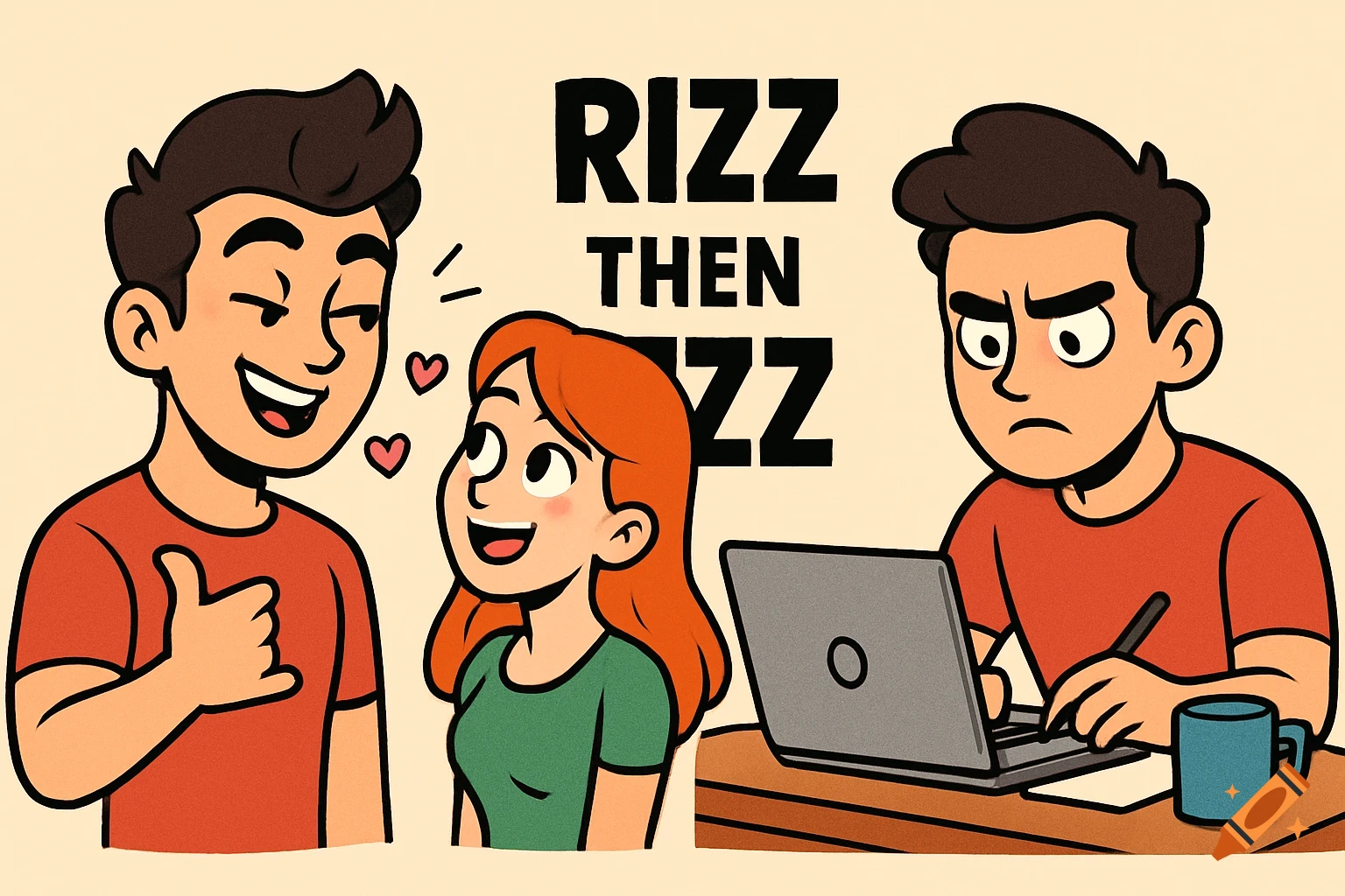 Cartoon image with the text "Rizz then Bizz" on Craiyon
