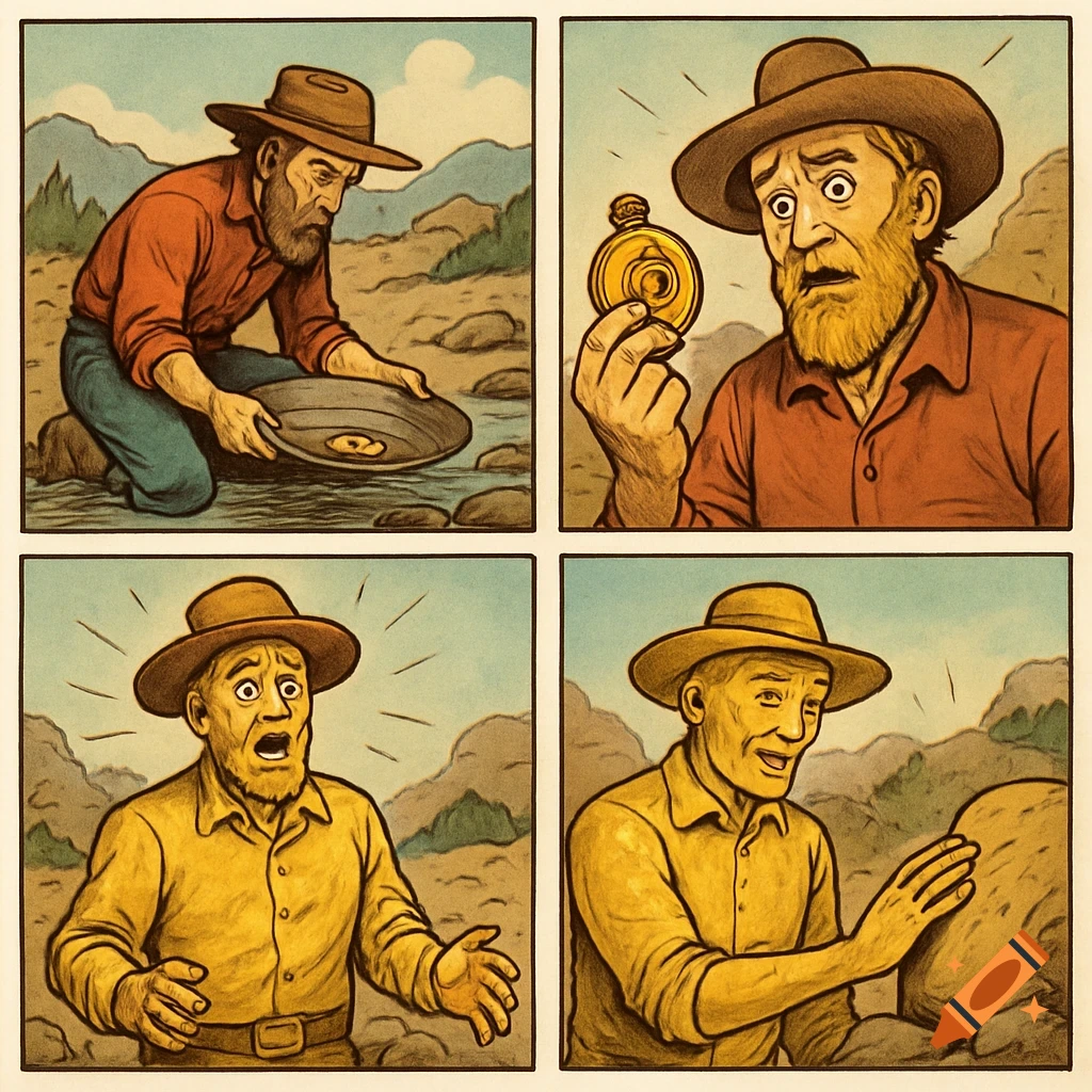 Comic strip of gold rush miner discovering a magic item and gaining the Midas touch on Craiyon