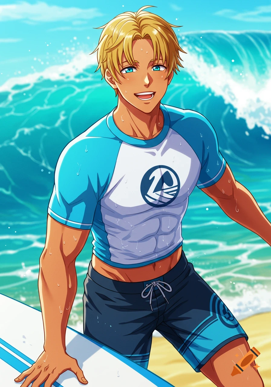 Anime surfer boy on the beach with a surfboard on Craiyon