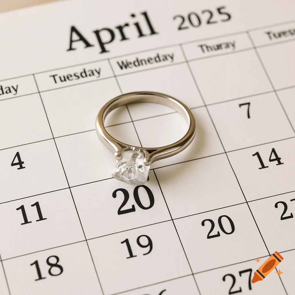 Engagement ring placed on a calendar page showing April 2025 with the ...