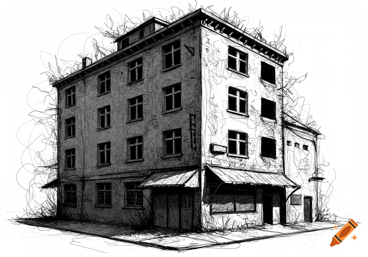 Black and white scribbled sketch of a rundown building. on Craiyon