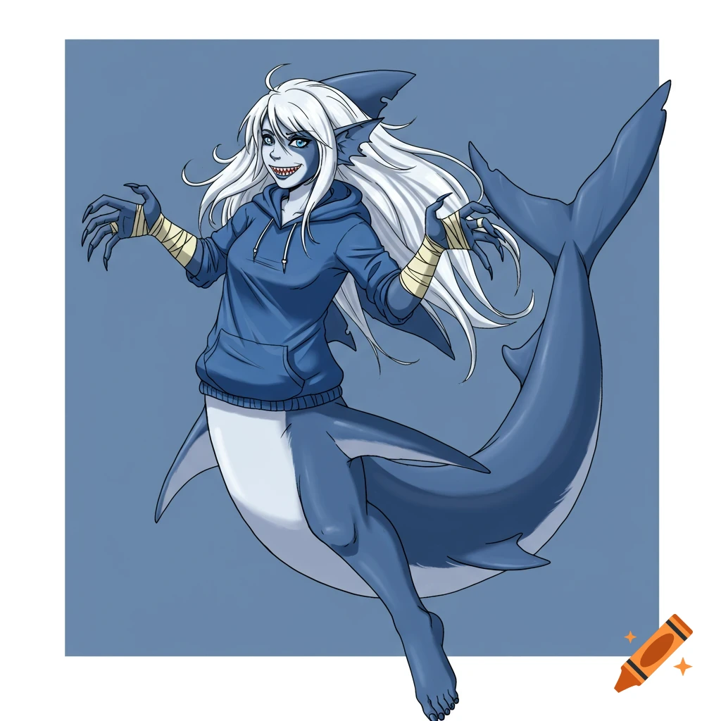 Blue shark anime girl with bandages, sharp teeth, and hoodie on Craiyon