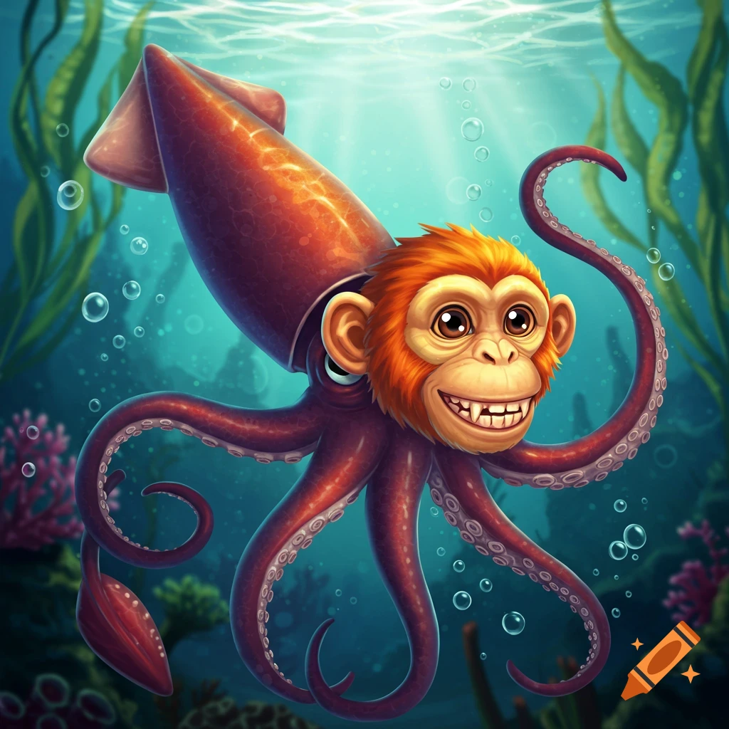 A fantasy creature with a squid body and a monkey head swims underwater ...