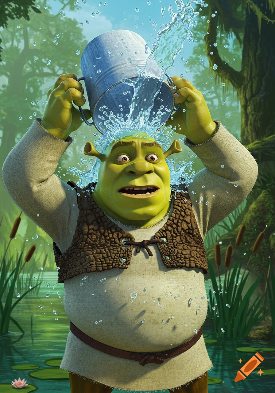 Grimey evil Shrek with glowing red eyes smirks in a dark, gnarled ...