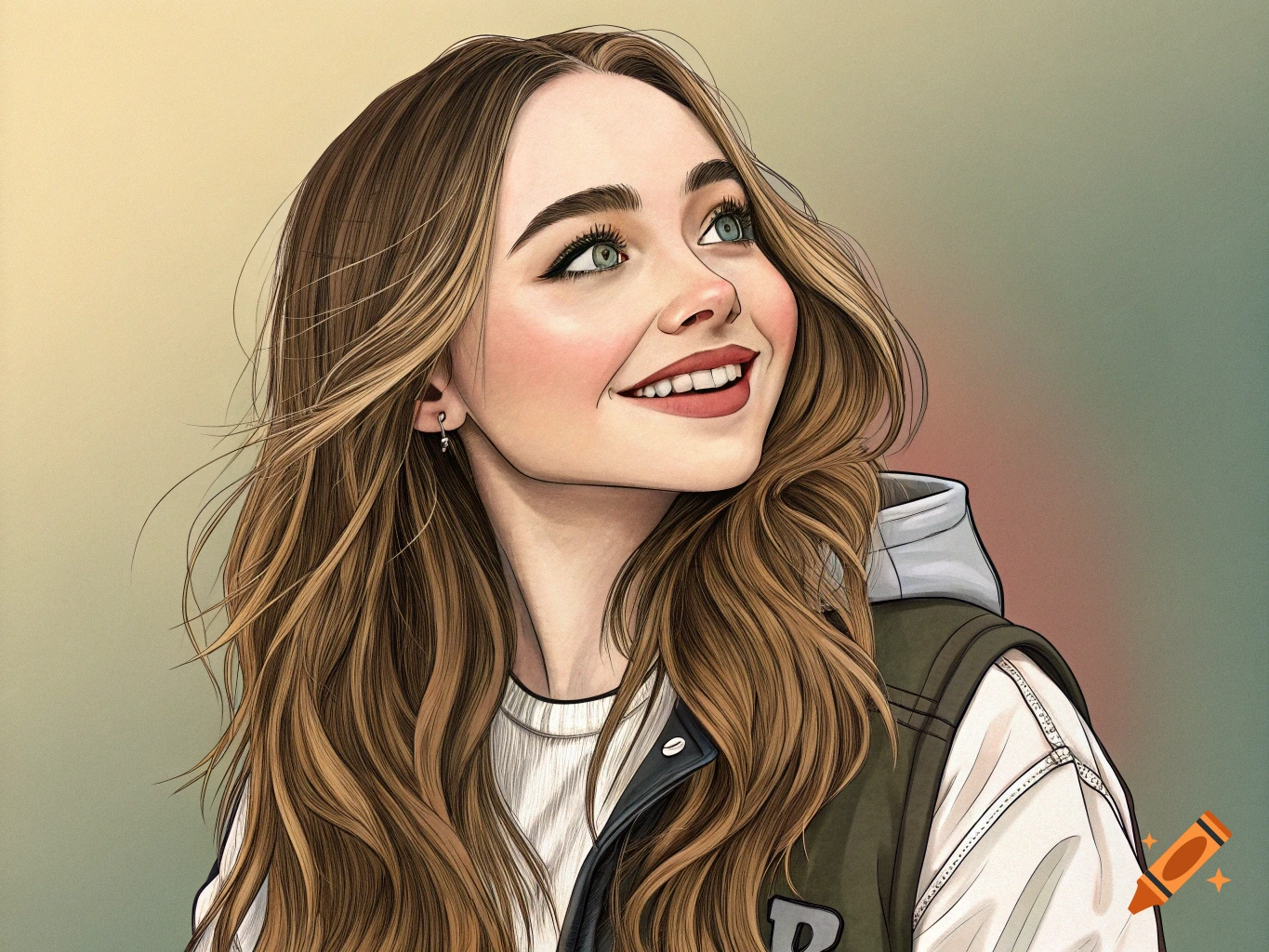 A stylized illustration of a young woman with long brown hair and green ...