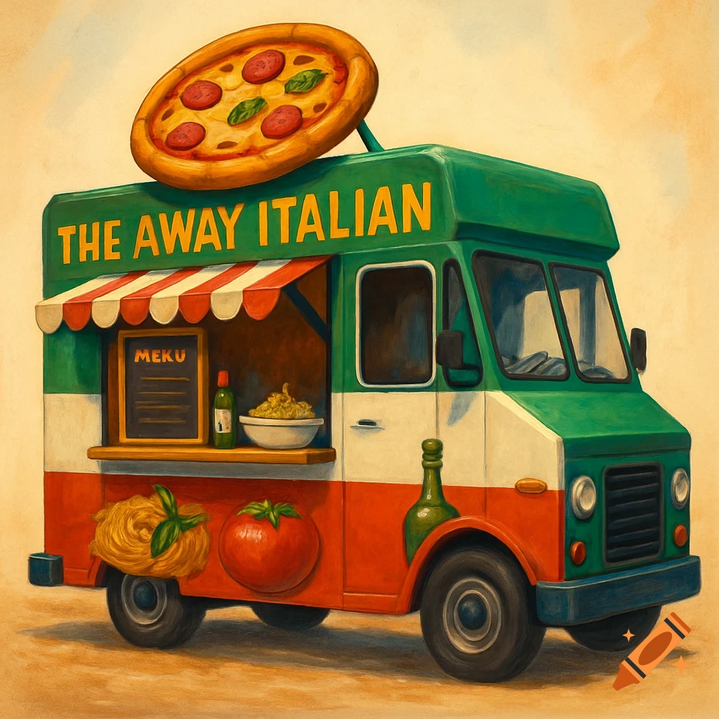 An Italian food truck with 'The Away Italian' sign, pizza, pasta, and tomato. on Craiyon