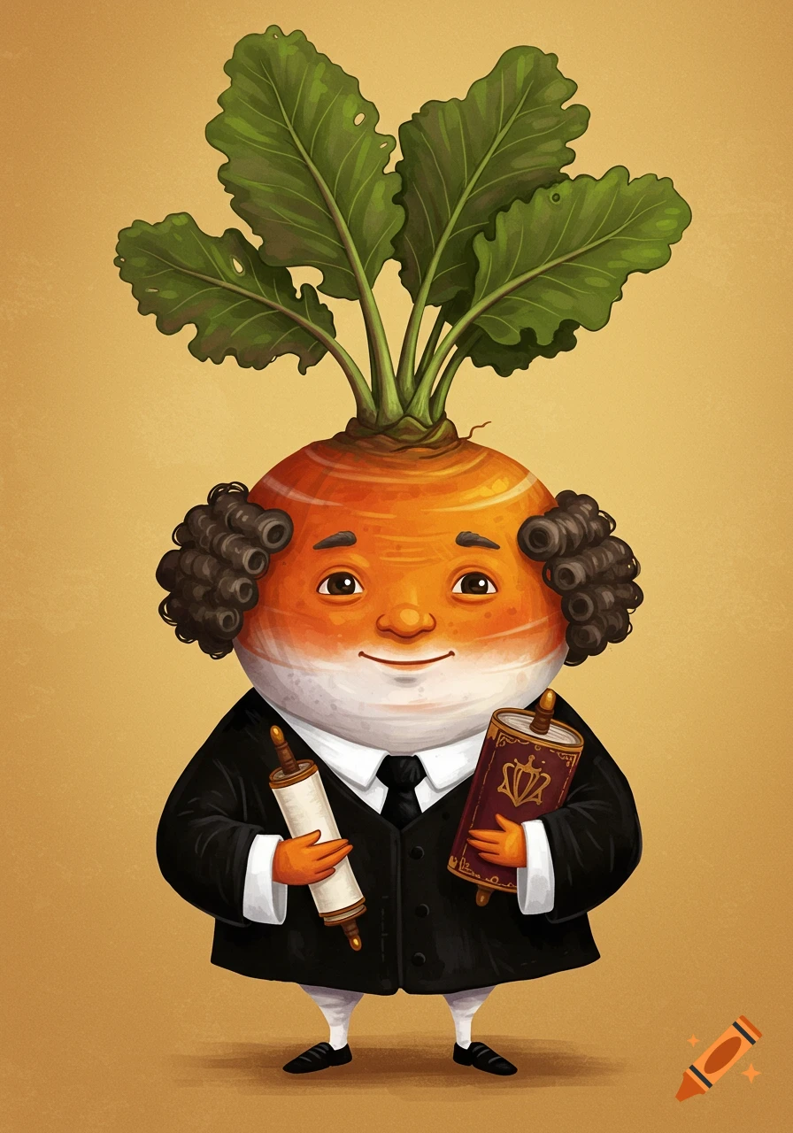 Cartoon turnip character dressed as a rabbi holding scrolls. on Craiyon