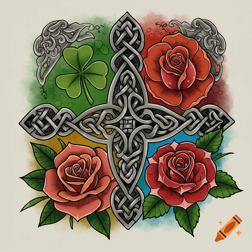 Celtic cross tattoo design with clover, roses, and other symbols. on ...