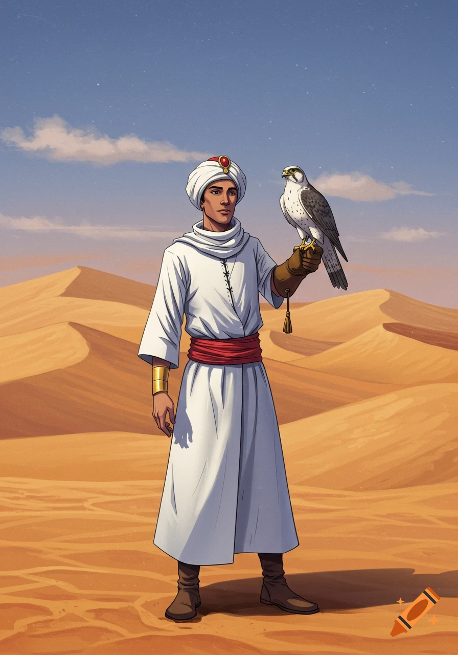 Puerto Rican man with falcon in Egyptian desert on Craiyon