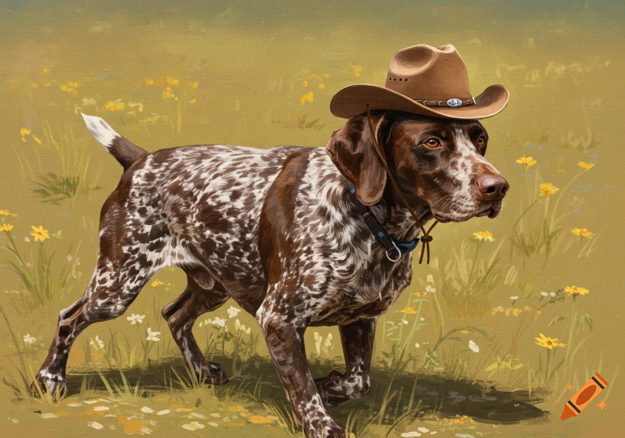 A German Shorthaired Pointer dog wearing a cowboy hat stands in a field ...