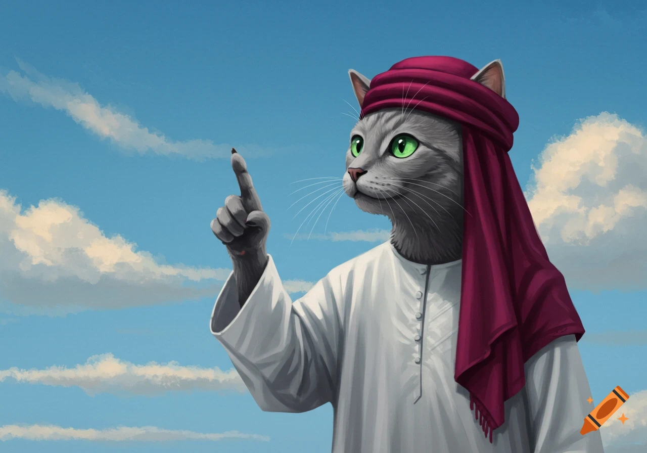 Cat wearing a kufi and thobe, pointing to the sky on Craiyon