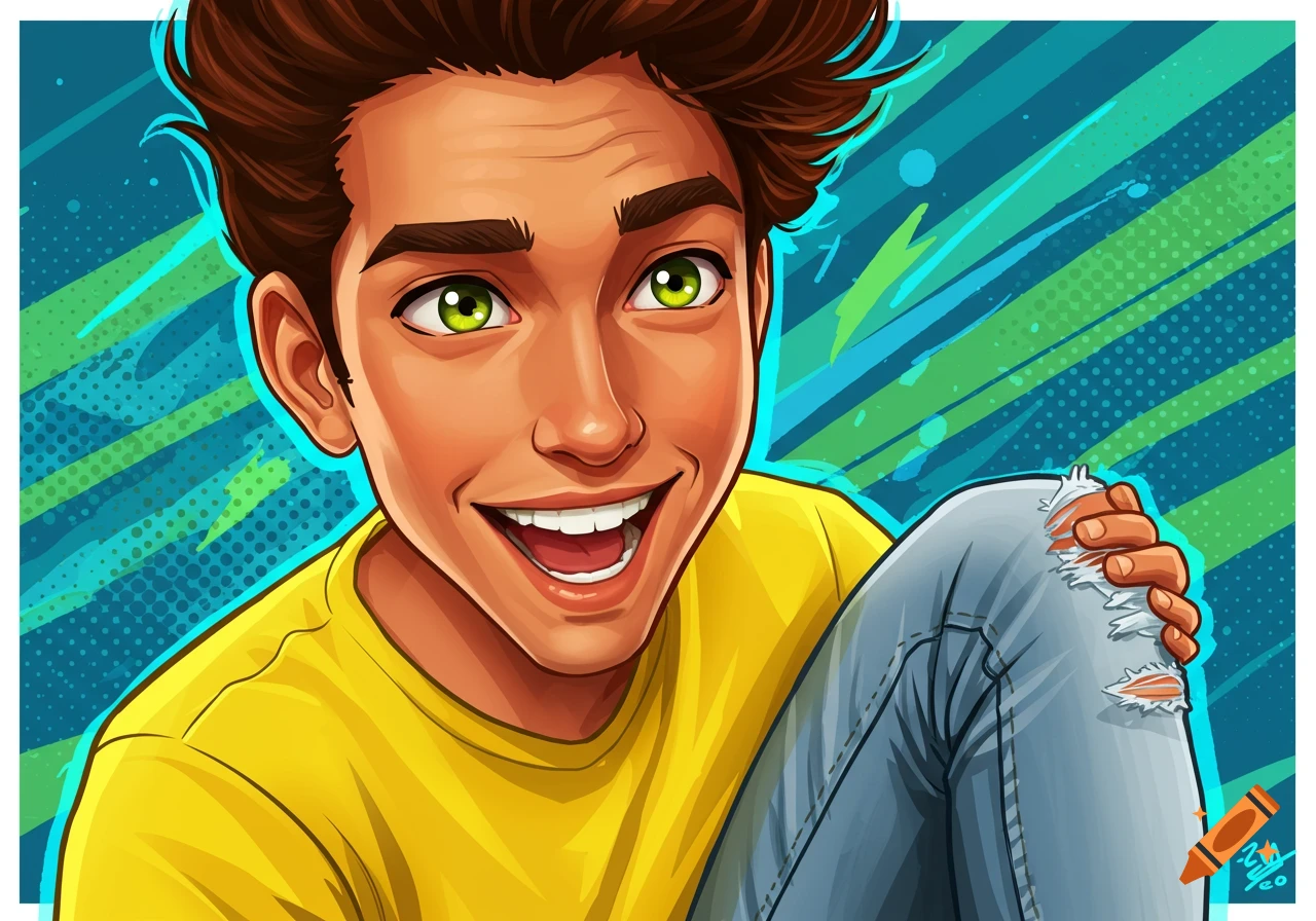 A young man is smiling, he has green eyes and brown hair. He is wearing ...