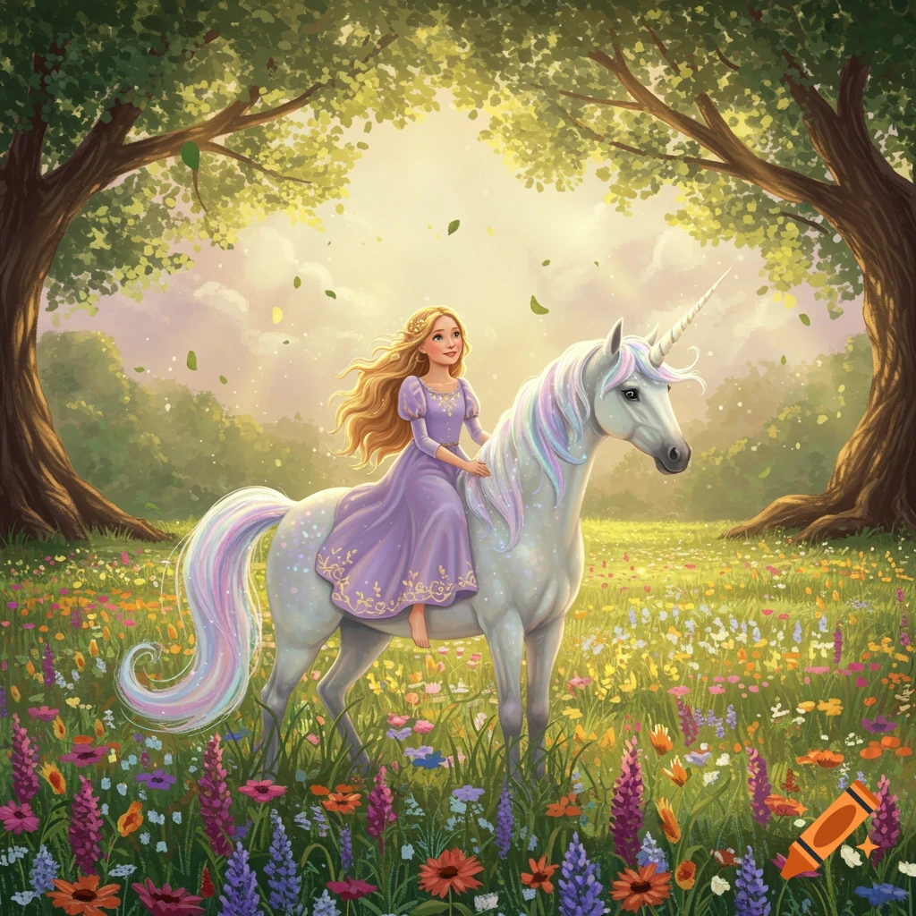 Girl riding a unicorn on Craiyon