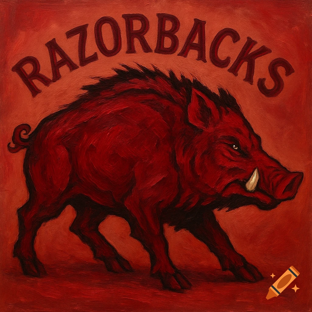 Razorback hog painting with 'Razorbacks' text on Craiyon