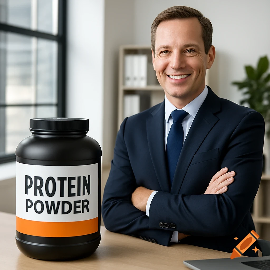 A smiling man in a suit stands next to a large container of protein ...