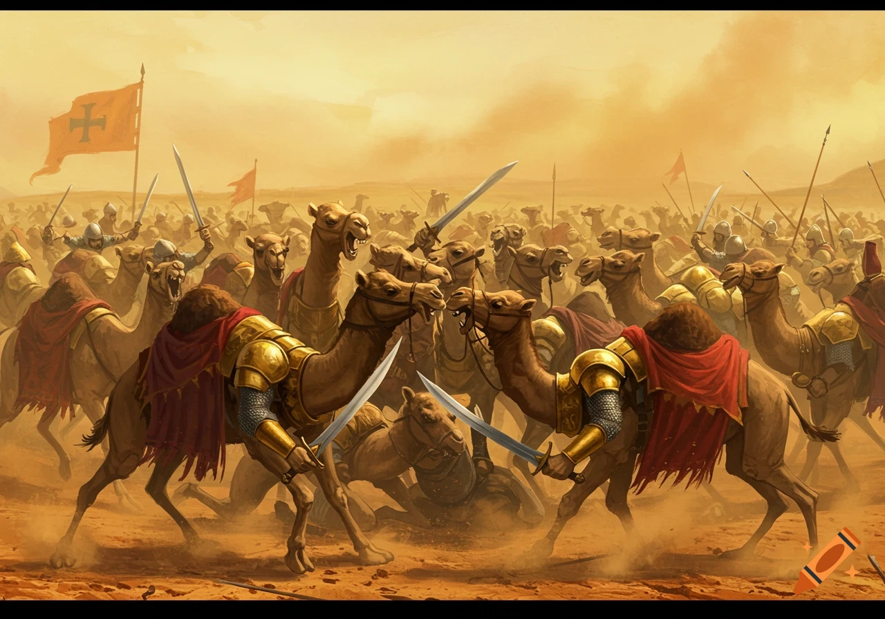 A massive battle scene in the desert with armored camels and warriors ...