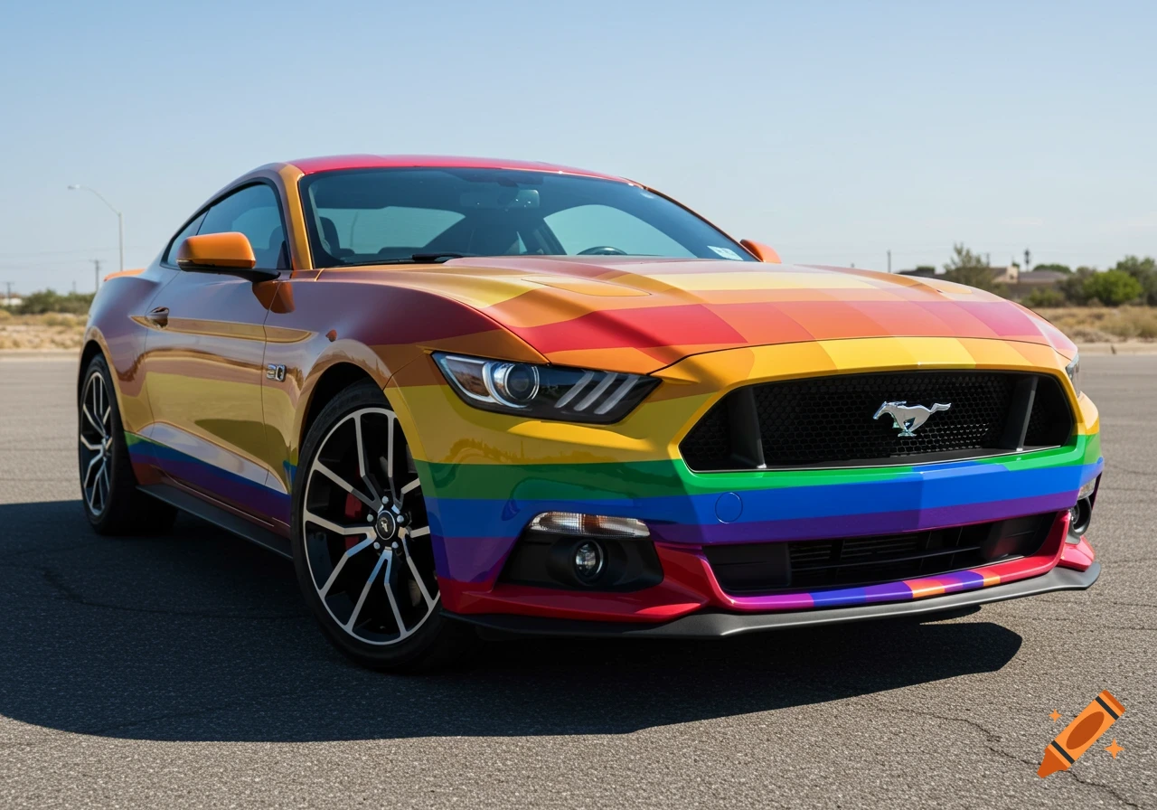 A Ford Mustang car covered in rainbow pride flag stripes parked on ...