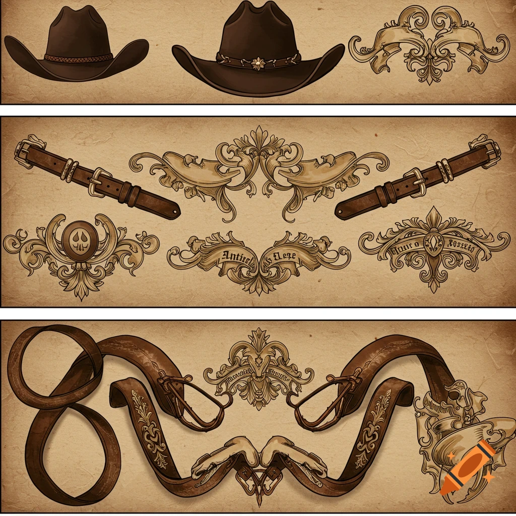 Western designs including cowboy hats, ornate belts, and decorative ...