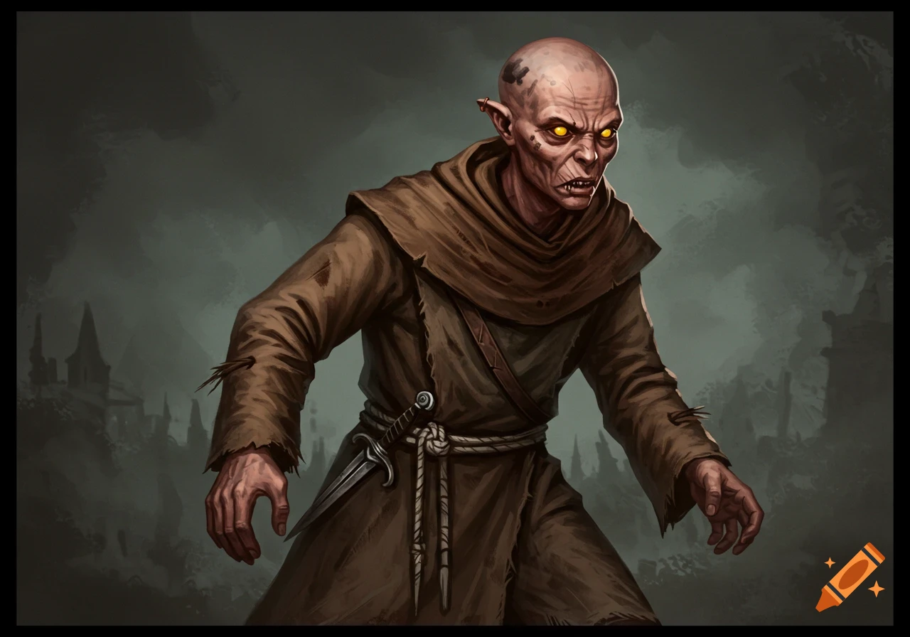 Bald, gaunt figure with yellow eyes in a hooded robe carrying a dagger ...
