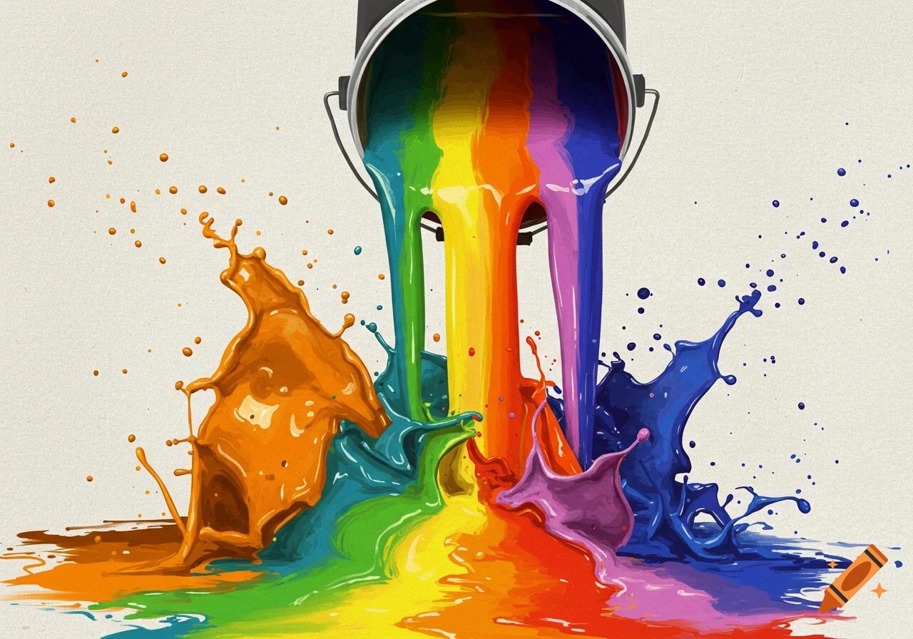 A paint bucket pouring rainbow colored paint creating dynamic splashes ...