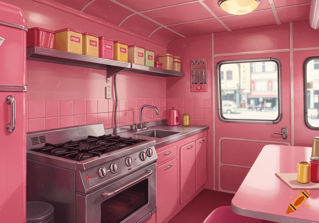A pink retro kitchen interior with a stove, sink, and table. on Craiyon