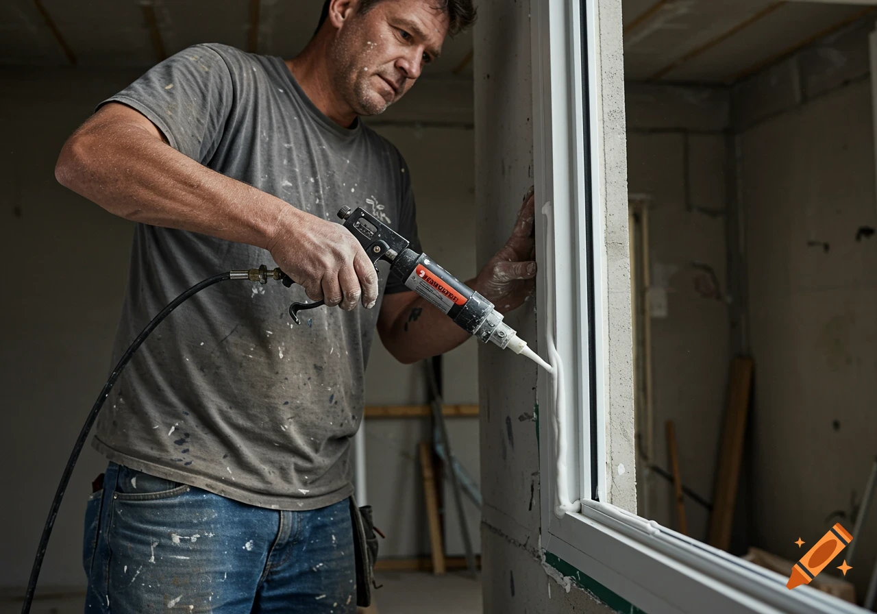 Man applying sealant around a window frame with a sealant gun on Craiyon